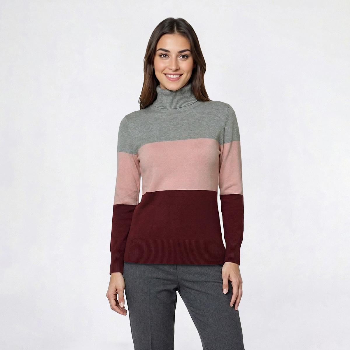 Womens Retrology Color Block Long Sleeve Turtleneck Sweater